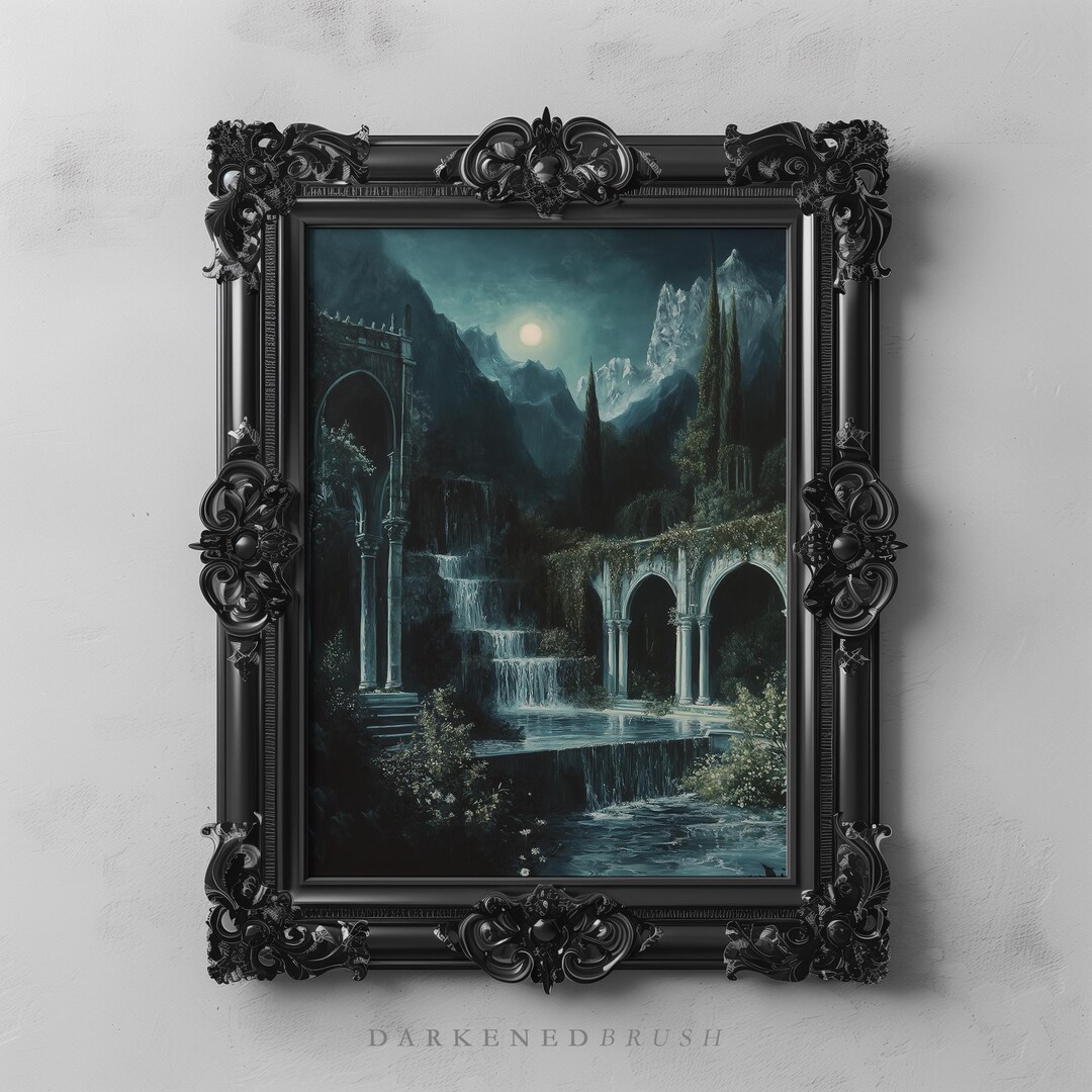 Waterfalls Under Gothic Arches Dark Academia Mountain Fantasy Night ...