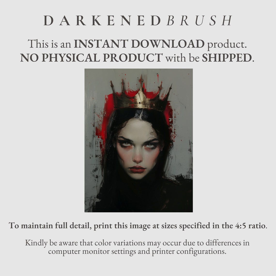 Dark Gothic Queen Art Printable Oil Painting, Woman Portrait, Dark ...