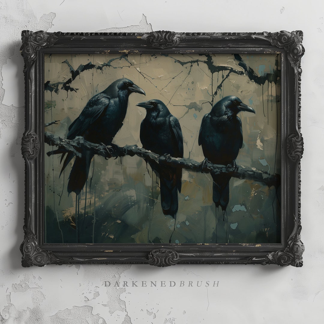 Crows Gothic Birds on Branch Art Painting, Raven Wall Art, Dark ...