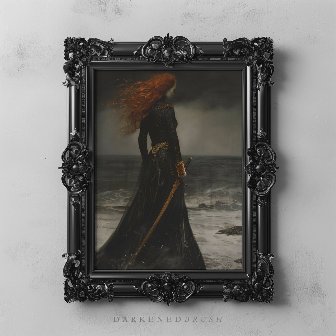 Victorian Princess With Sword Seascape Art Painting Printable, Dark ...