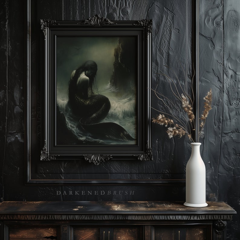 Dark Ocean Mermaid Seascape Art Painting, Dark Fantasy Fairytale Wall ...