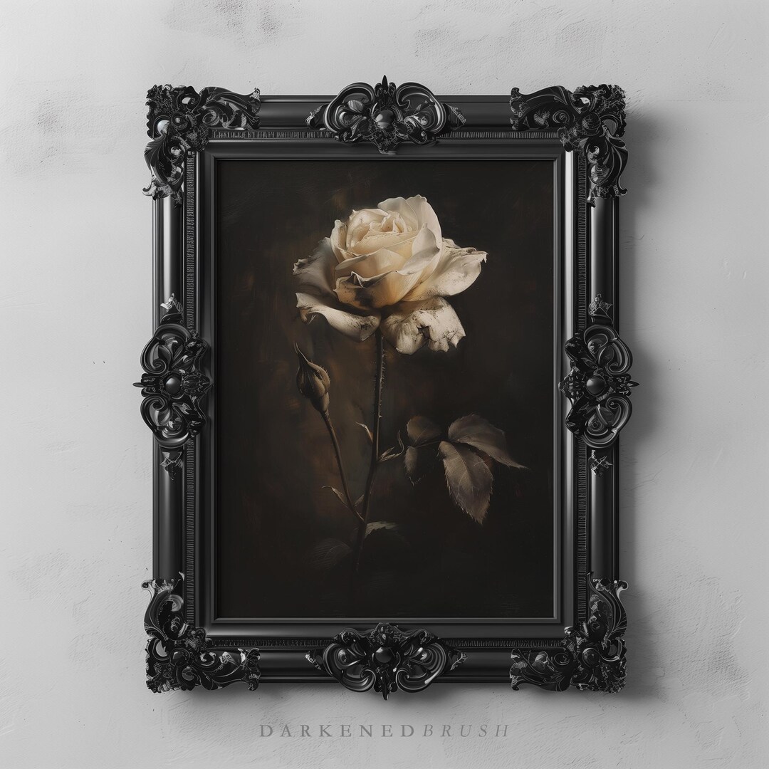 Vintage White Rose Art Gothic Floral Dark Botanical Wall Art, Wilting ...