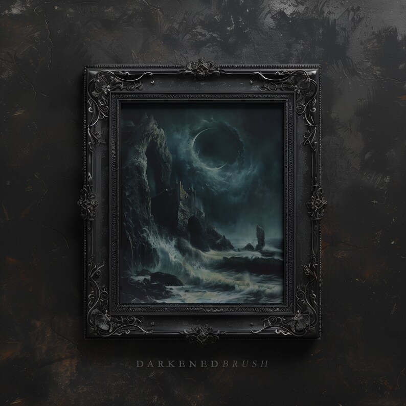 Crescent Moon Dark Sea Art Painting, Coastal Wall Décor, Ocean ...