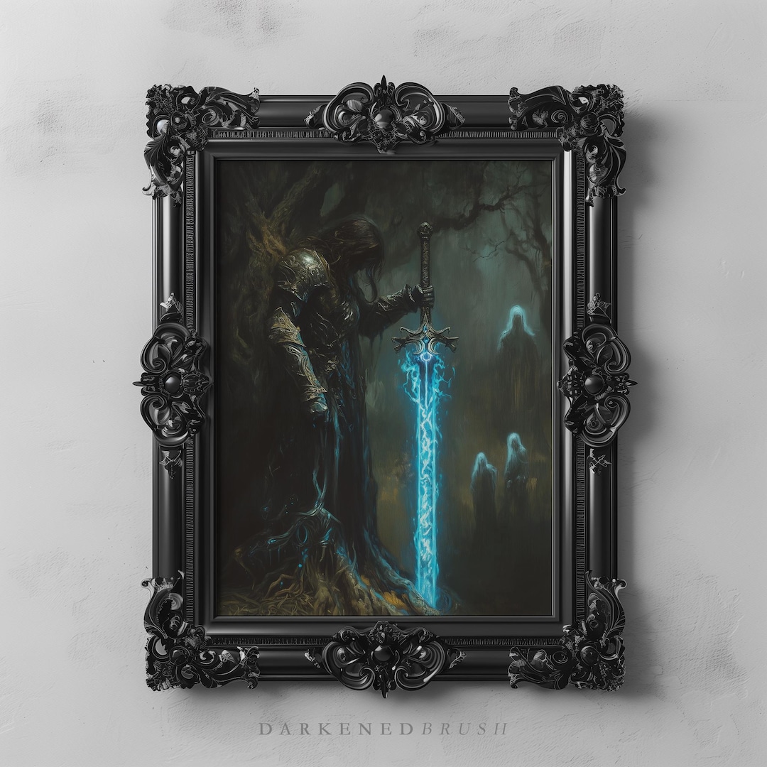 Enchanted Dark Medieval Knight With Glowing Sword Gothic Fantasy Wall ...