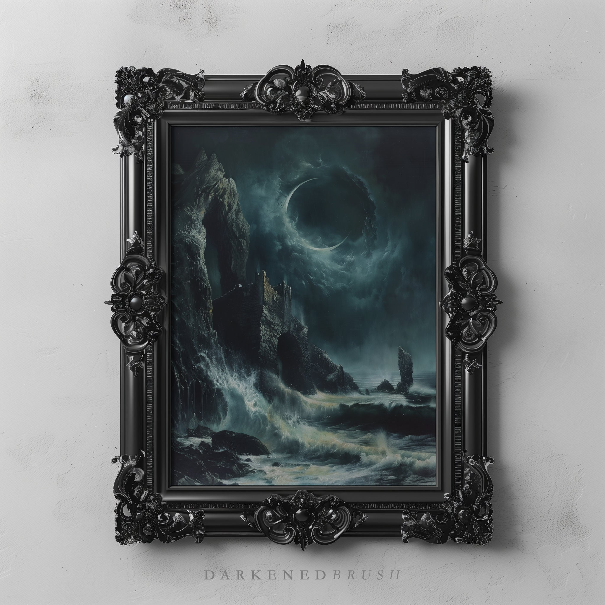 Crescent Moon Dark Sea Art Painting, Coastal Wall Décor, Ocean ...