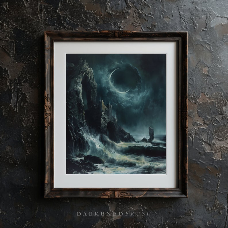 Crescent Moon Dark Sea Art Painting, Coastal Wall Décor, Ocean ...