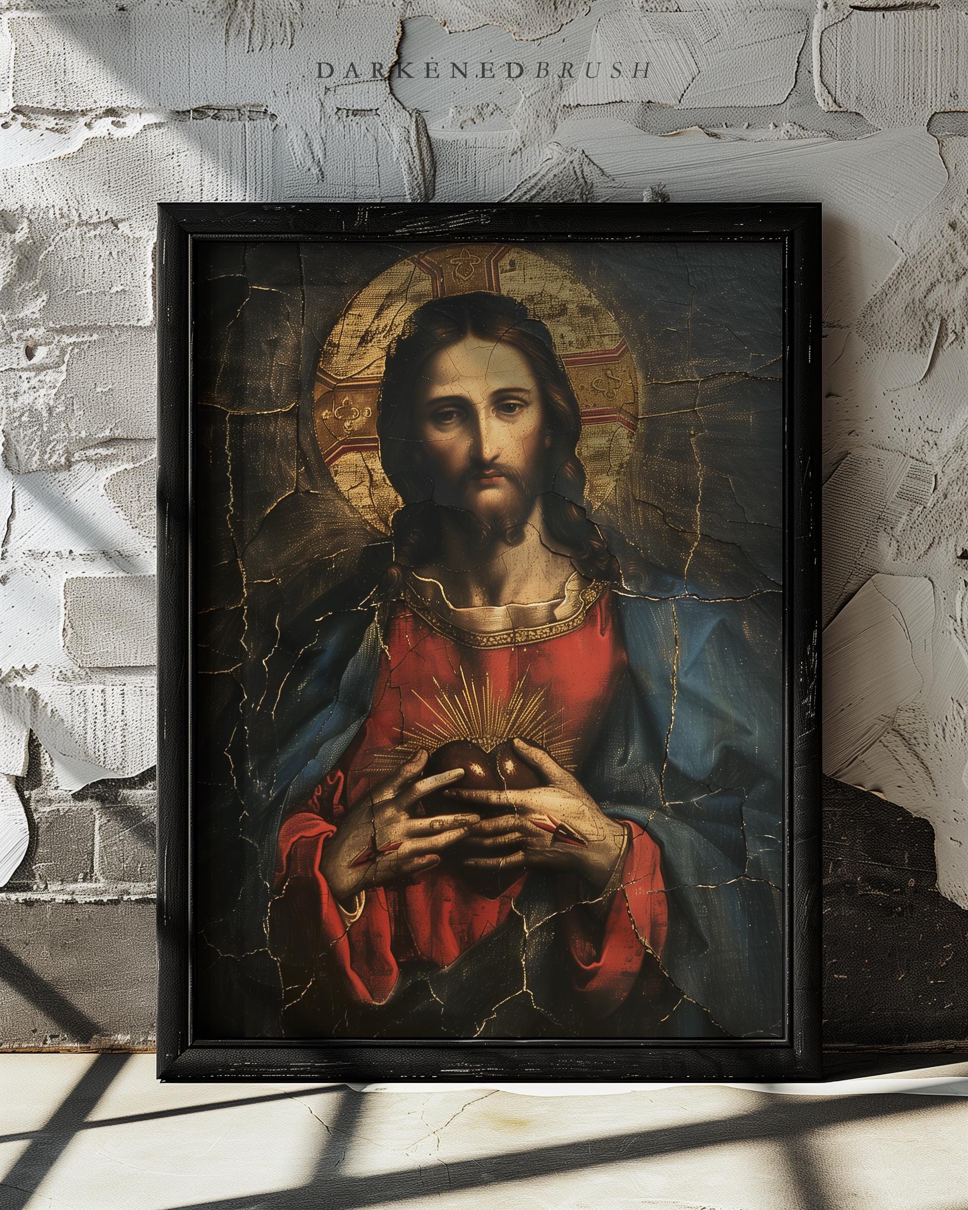 Sacred Heart of Jesus Vintage Art Painting, Christian Digital Art ...