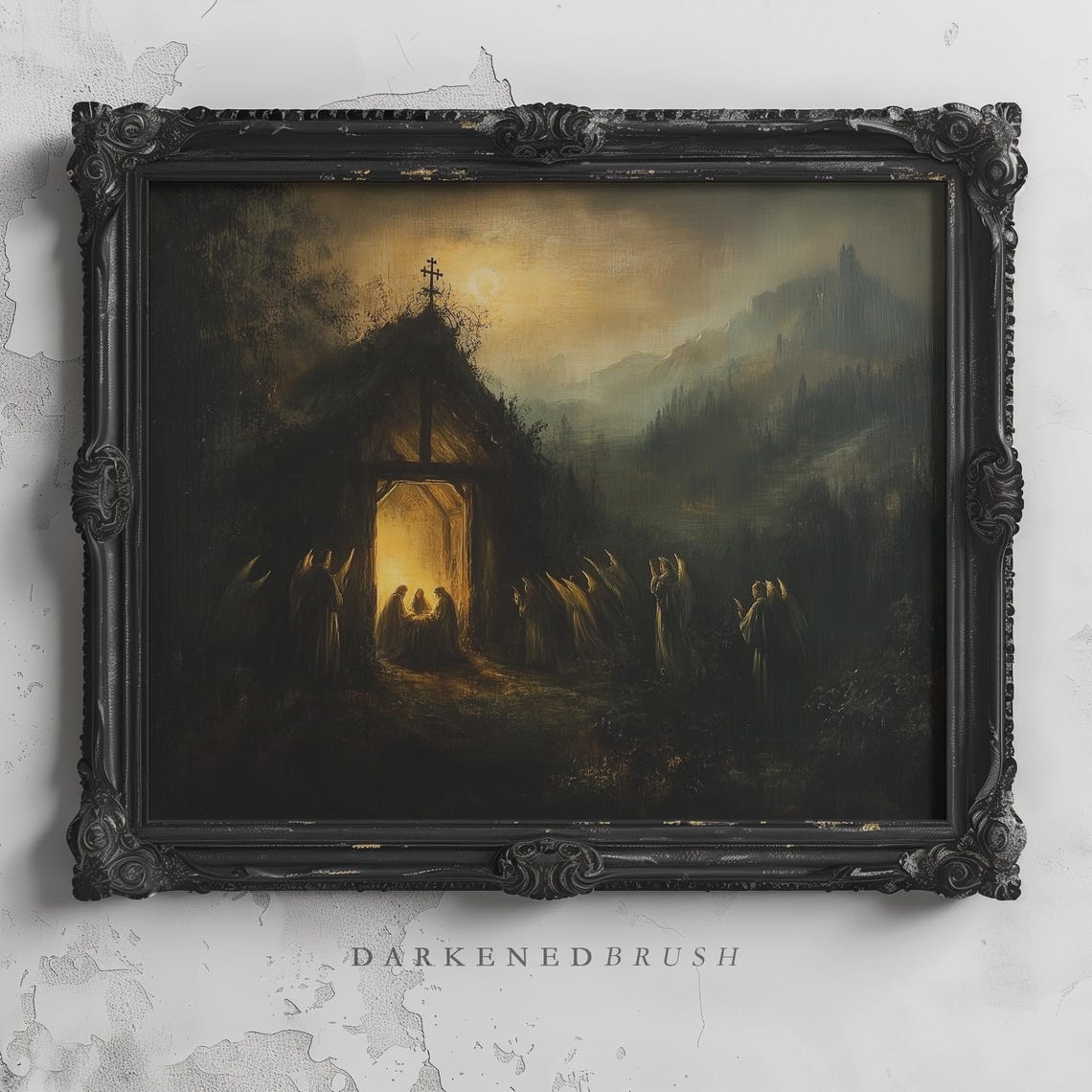 Rustic Gothic Christmas Nativity Setting Art, Angels Christian Digital ...