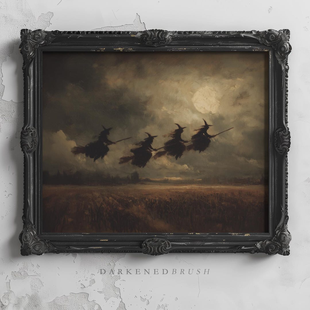 Four Witches Flying Across Full Moon Sky, Gothic Vintage Halloween Wall ...