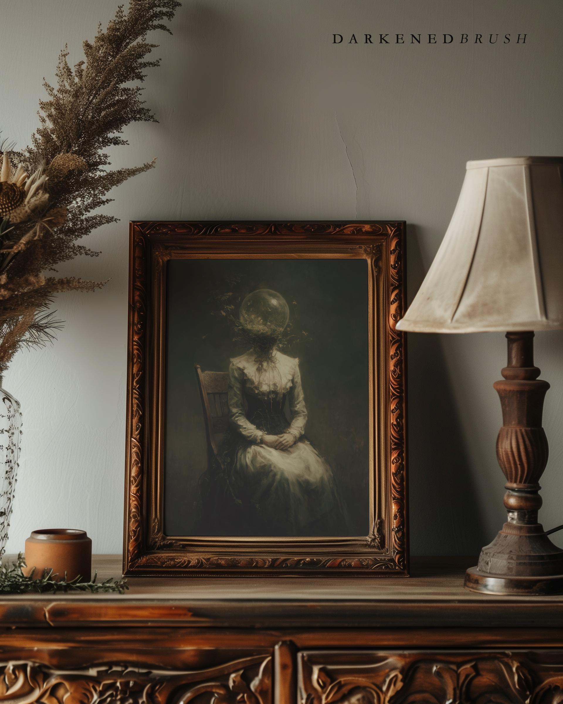 Victorian Woman Seated With Glass Orb Head, Elegant Gothic Surreal ...