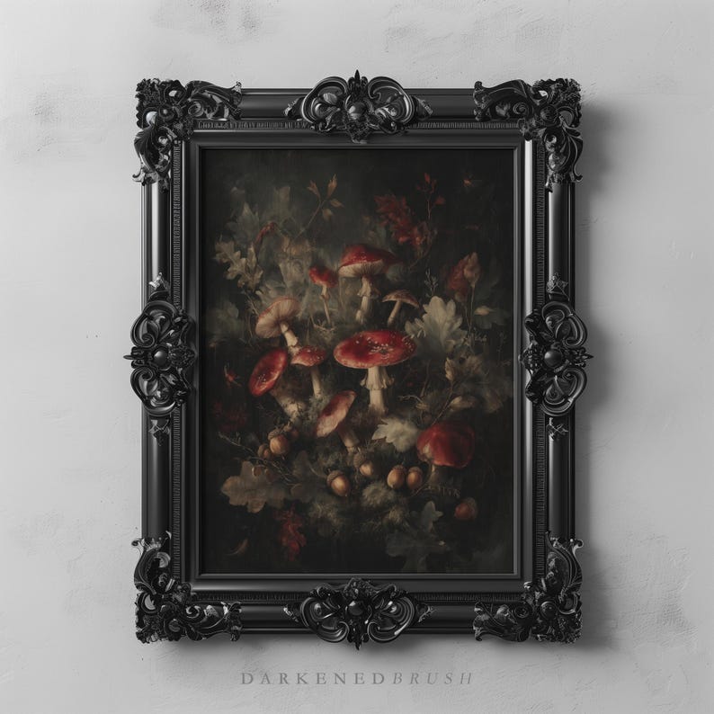 Dark Forest Mushroom Art Print, Moody Fairycore Toadstool Painting With ...