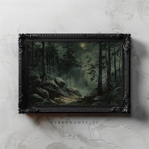 Moonlit Dark Forest Painting, Moody Landscape Wall Art, Dark ...