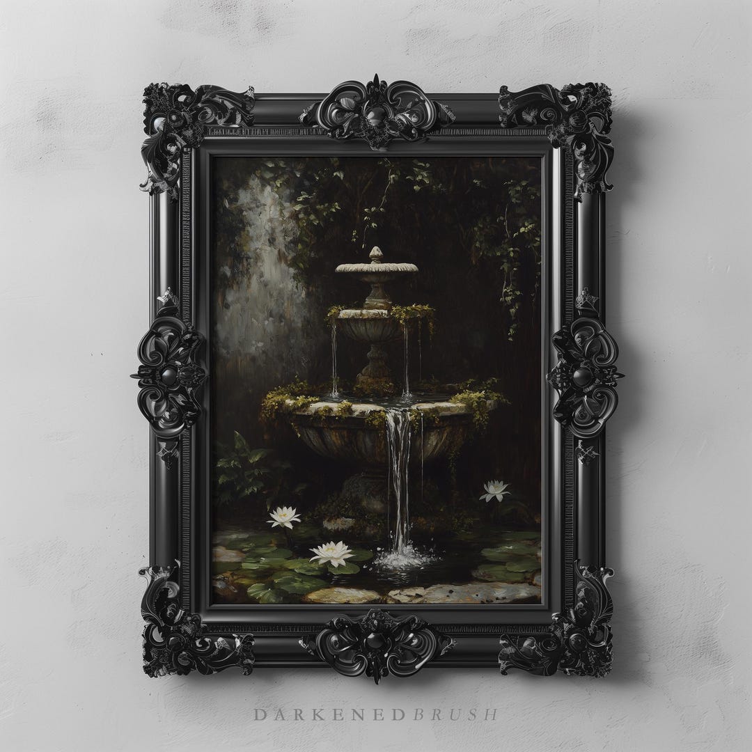Vintage Garden Fountain Art Gothic Water Lily Pond Printable, Dark ...