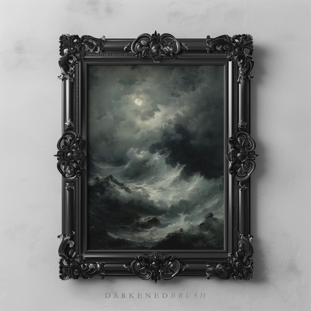 Violent Ocean Waves Full Moon Gothic Seascape Wall Art Stormy Coastal ...
