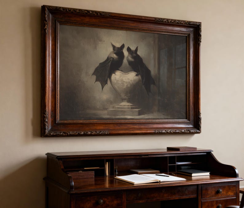 Gothic Valentine Bat Art Printable Romantic Dark Bats With Heart Urn ...