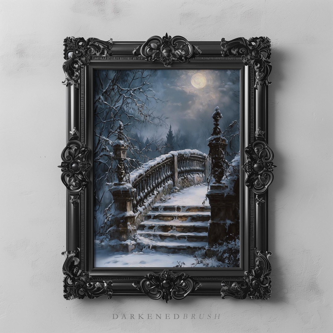 Snowy Victorian Bridge Under Full Moon Gothic Winter Wonderland Art ...