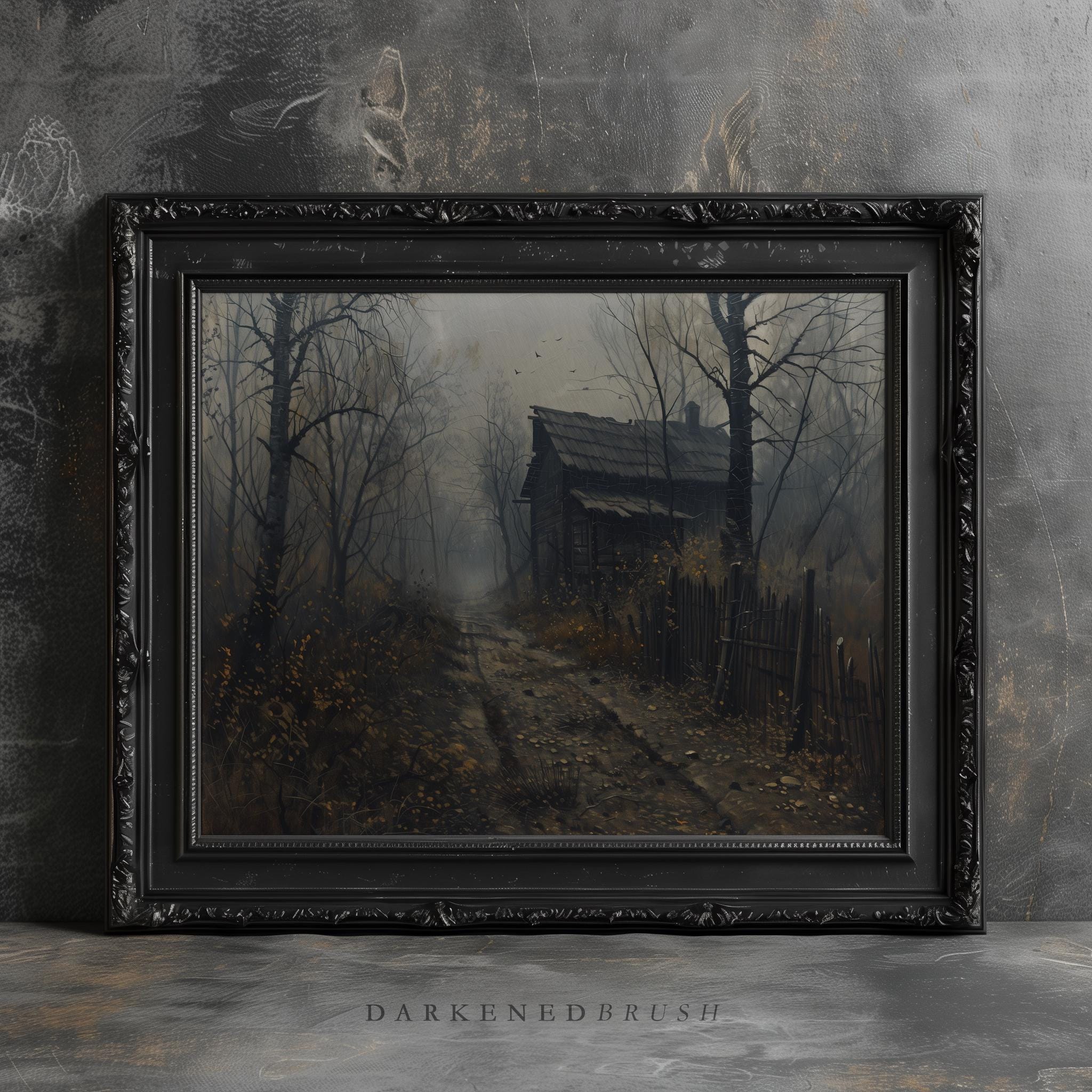 Haunted House Autumn Landscape Printable Wall Art, Foggy Dark Forest ...