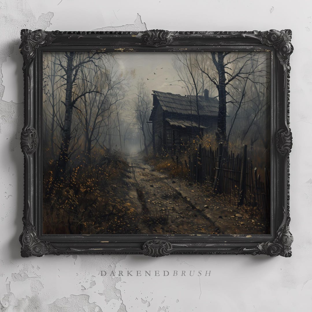 Haunted House Autumn Landscape Printable Wall Art, Foggy Dark Forest ...