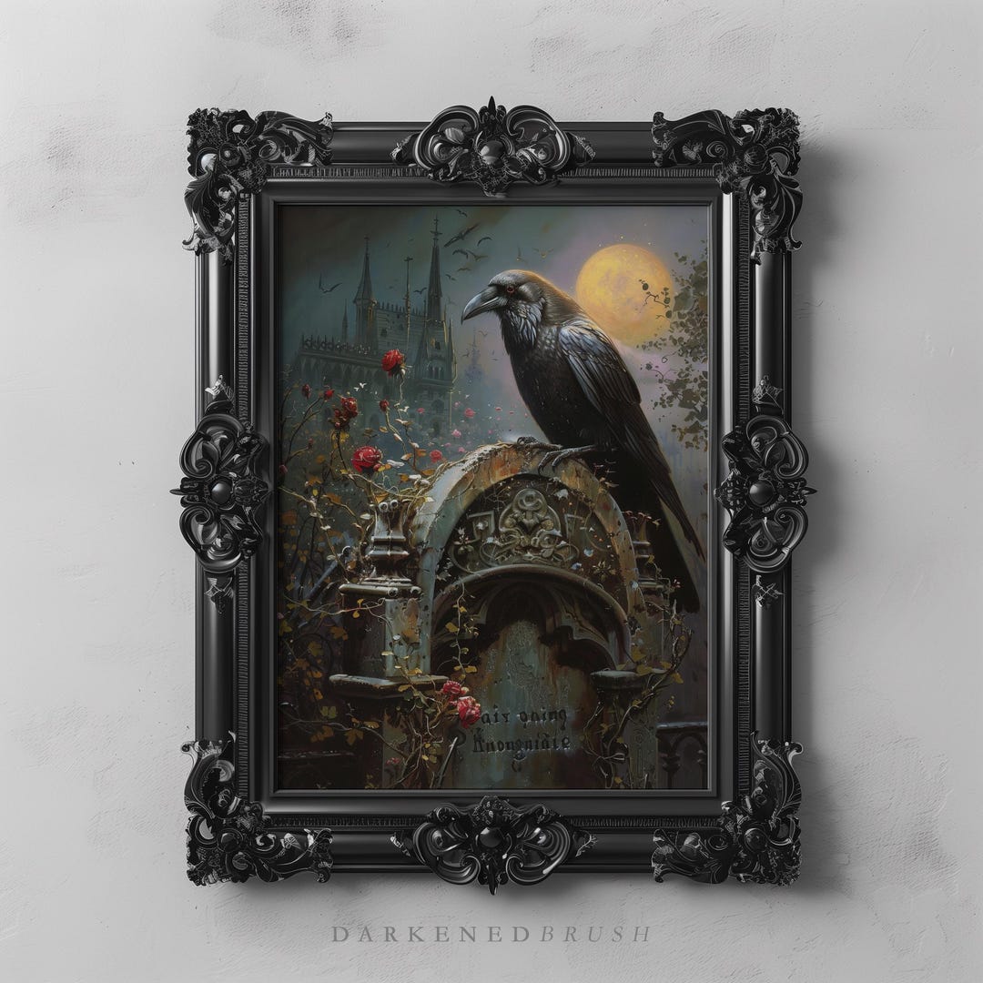 Gothic Raven on Tombstone Castle Art Print, Dark Academia Printable ...