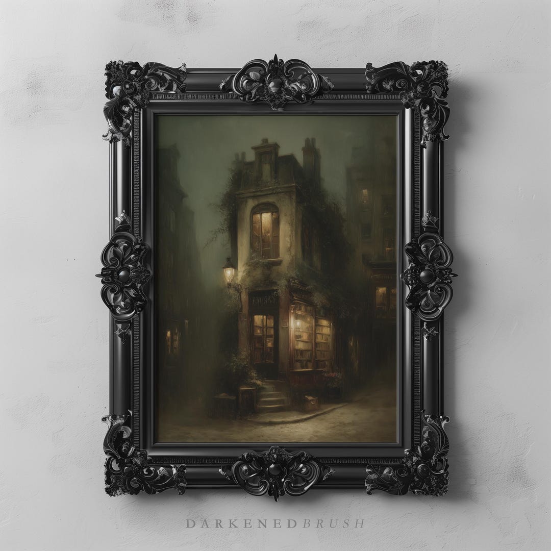 Vintage Lantern-lit Gothic Bookstore at Dusk, Dark Academia Urban ...