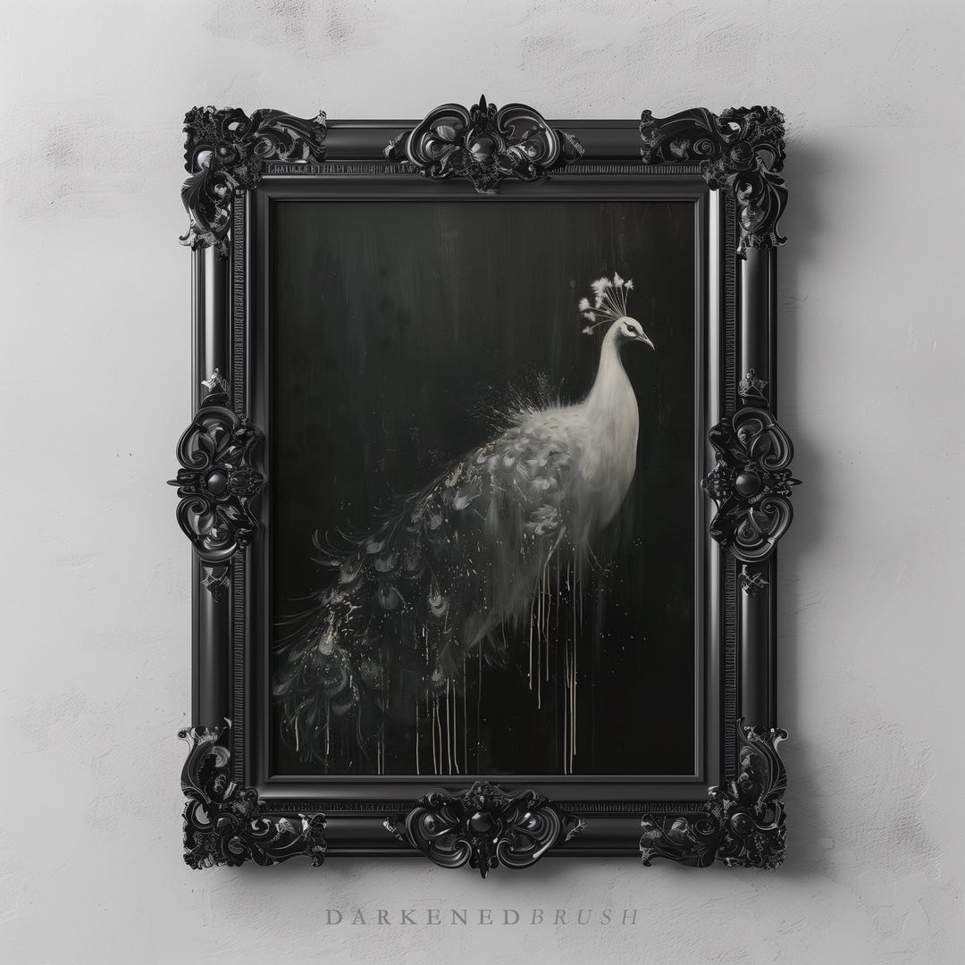 White Peacock Dark Bird Oil Painting Printable Dark Cottagecore Gothic ...