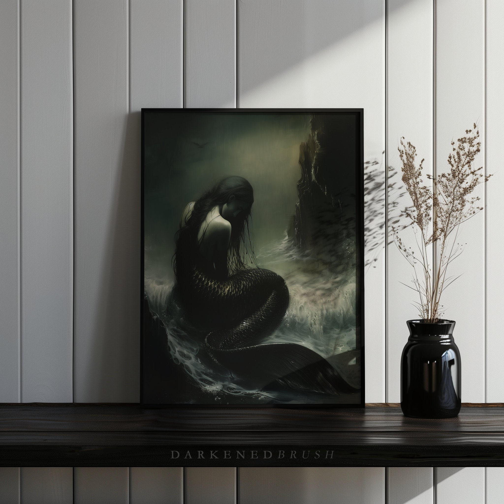 Dark Ocean Mermaid Seascape Art Painting, Dark Fantasy Fairytale Wall ...
