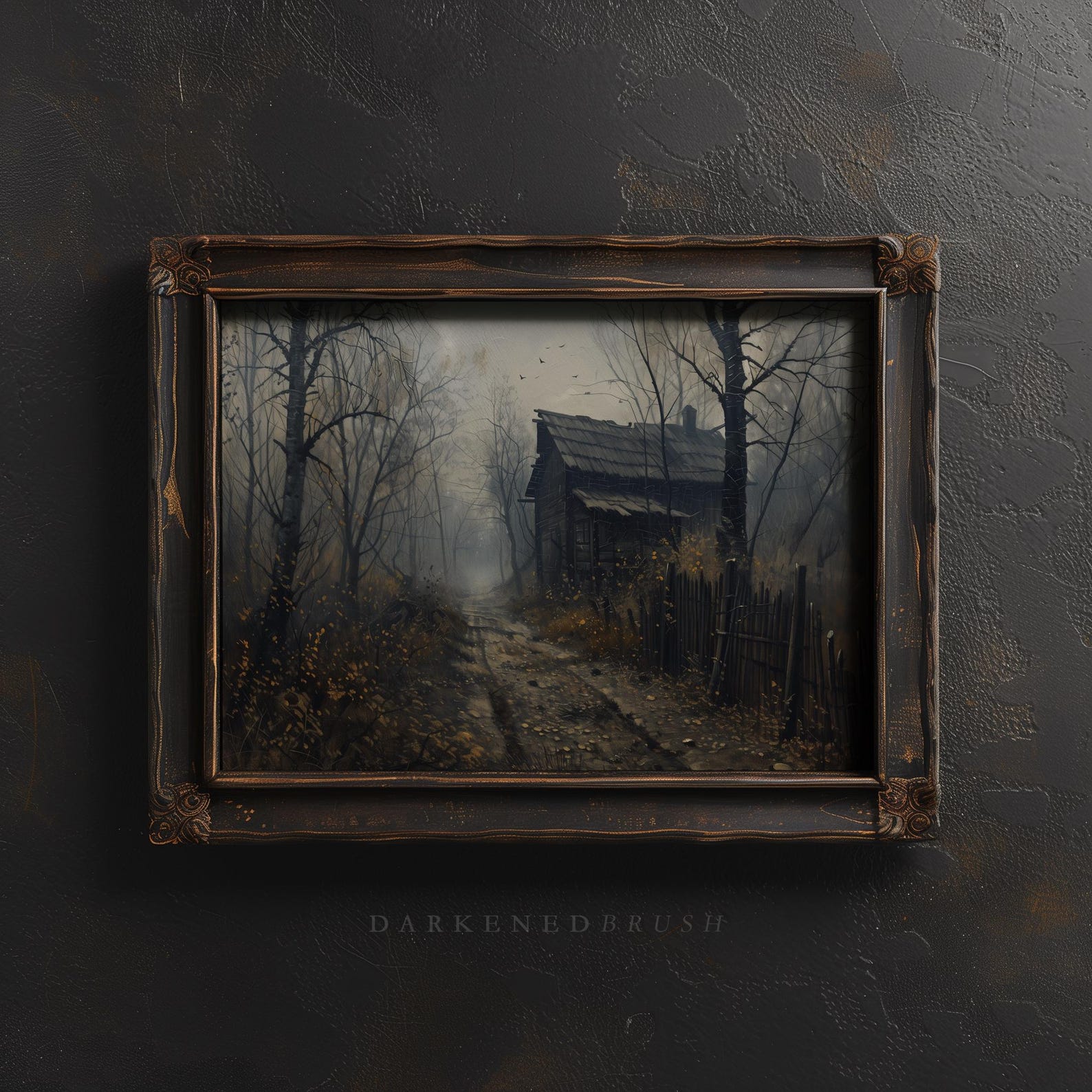 Haunted House Autumn Landscape Printable Wall Art, Foggy Dark Forest ...