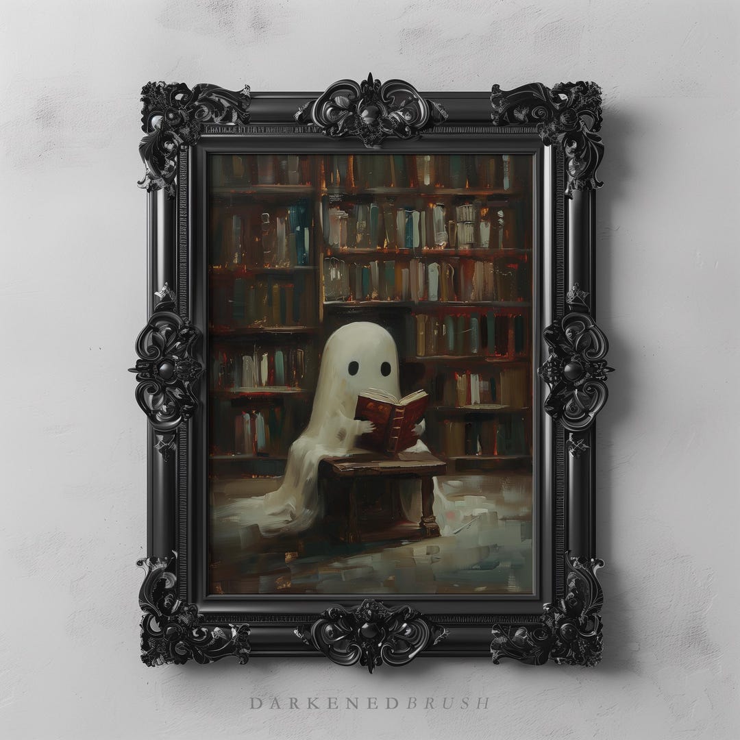 Cute Ghost Reading in Vintage Library Dark Academia Halloween Art ...