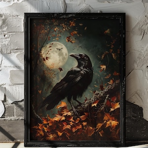 Full Moon Raven in Autumn Art Print, Crow Art, Dark Academia Decor ...