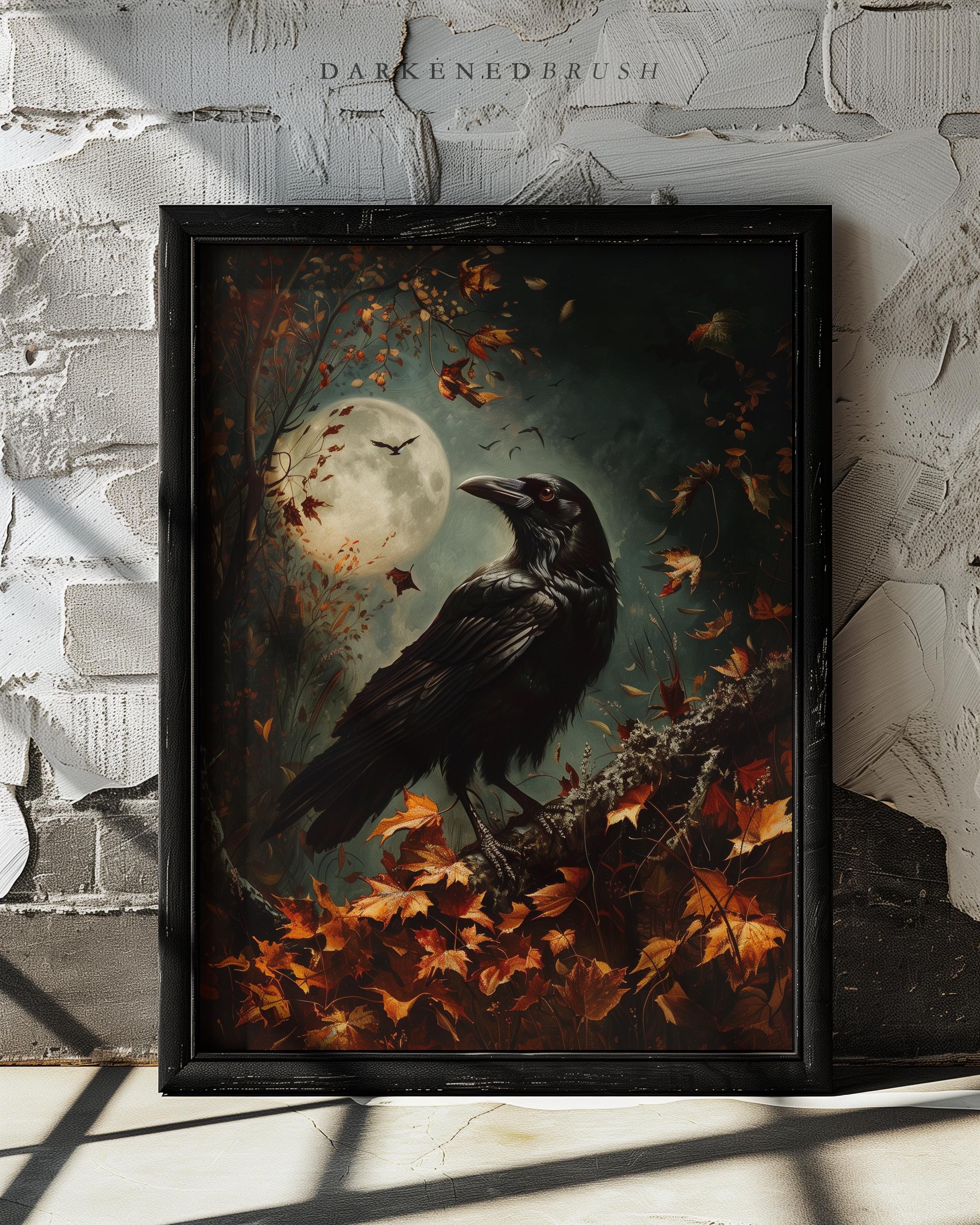 Full Moon Raven in Autumn Art Print, Crow Art, Dark Academia Decor ...