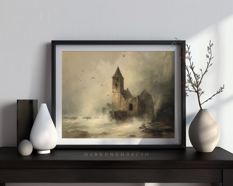 Old Chapel Tower on Stormy Coast Gothic Seaside Nautical Wall Art ...