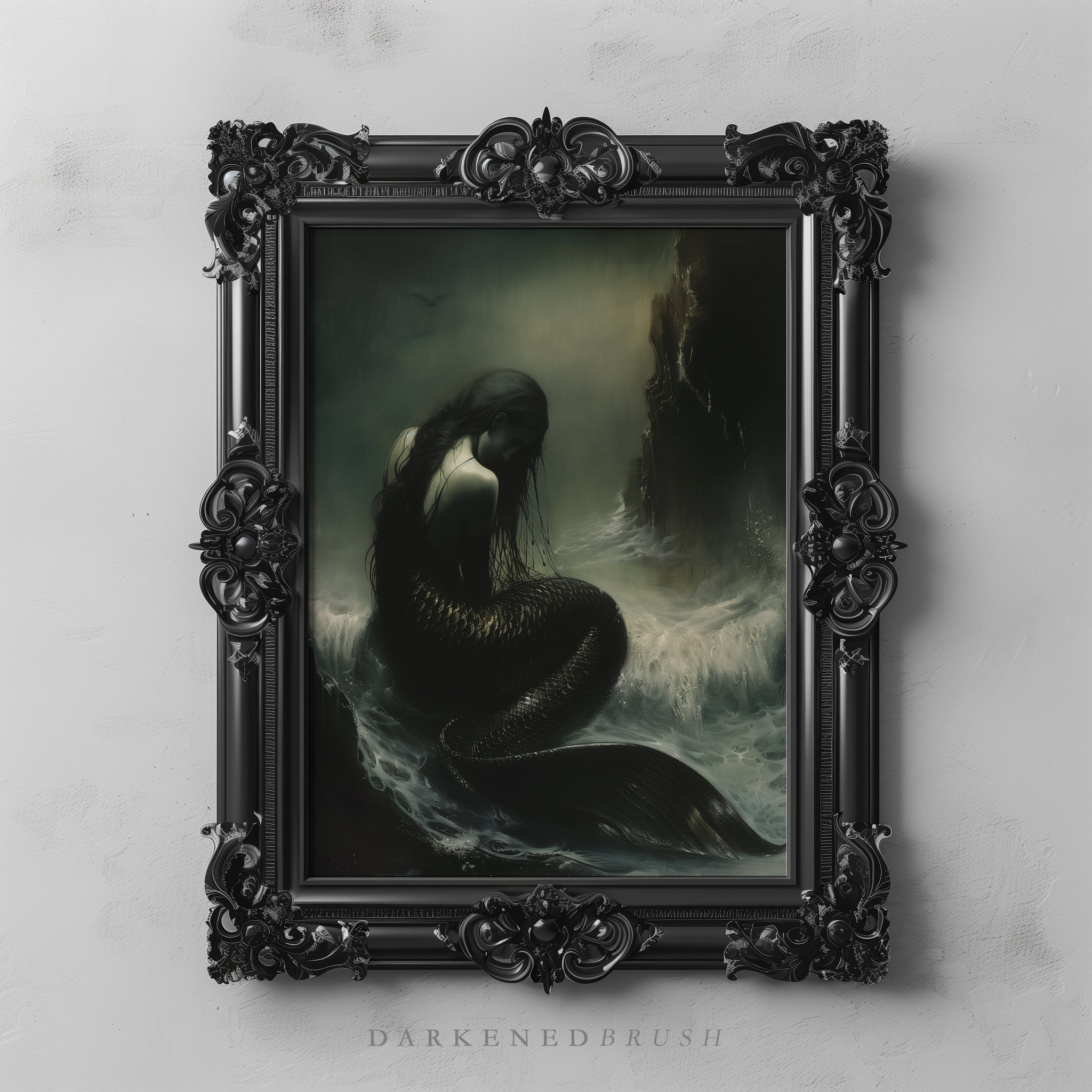 Dark Ocean Mermaid Seascape Art Painting, Dark Fantasy Fairytale Wall ...