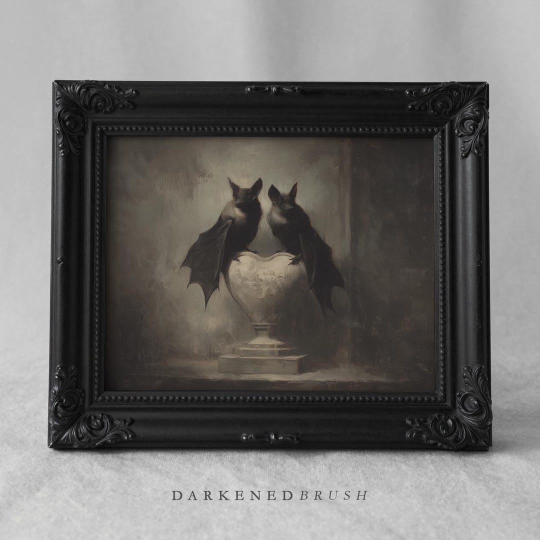 Gothic Valentine Bat Art Printable Romantic Dark Bats With Heart Urn ...