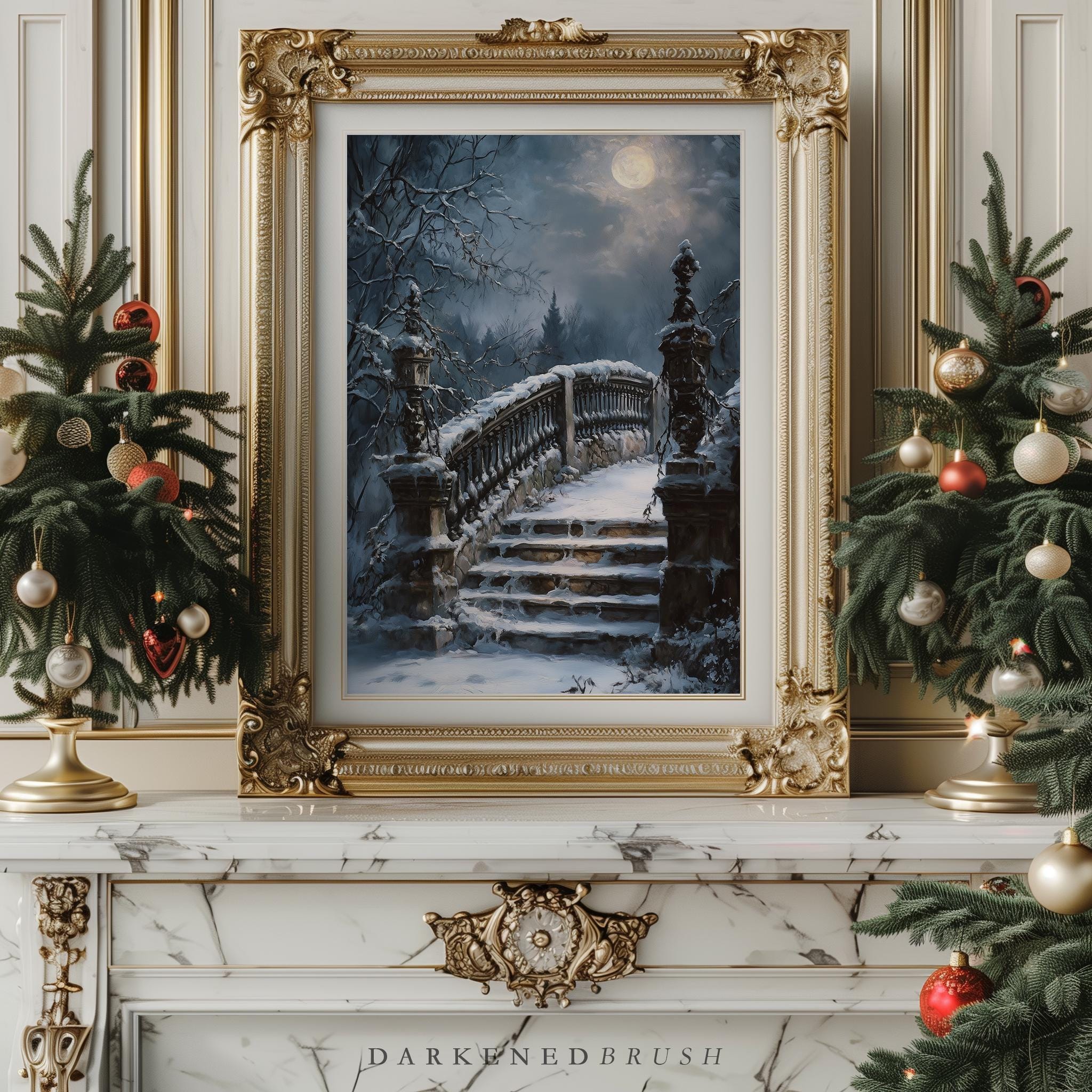 Snowy Victorian Bridge Under Full Moon Gothic Winter Wonderland Art ...