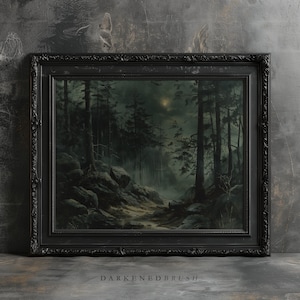 Moonlit Dark Forest Painting, Moody Landscape Wall Art, Dark ...
