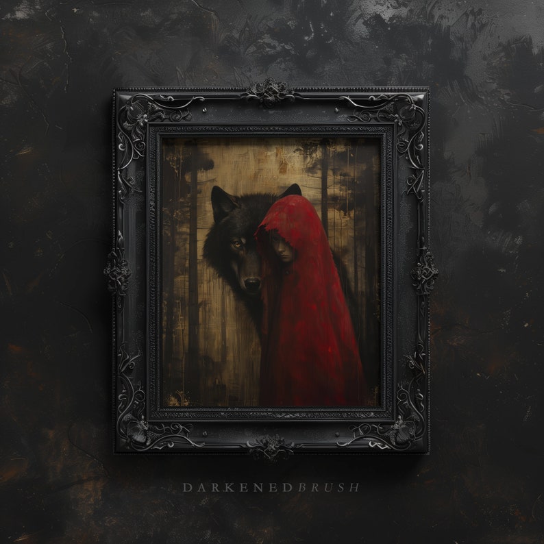 Little Red Riding Hood Black Wolf Art Print, Gothic Folklore Fairy Tale ...