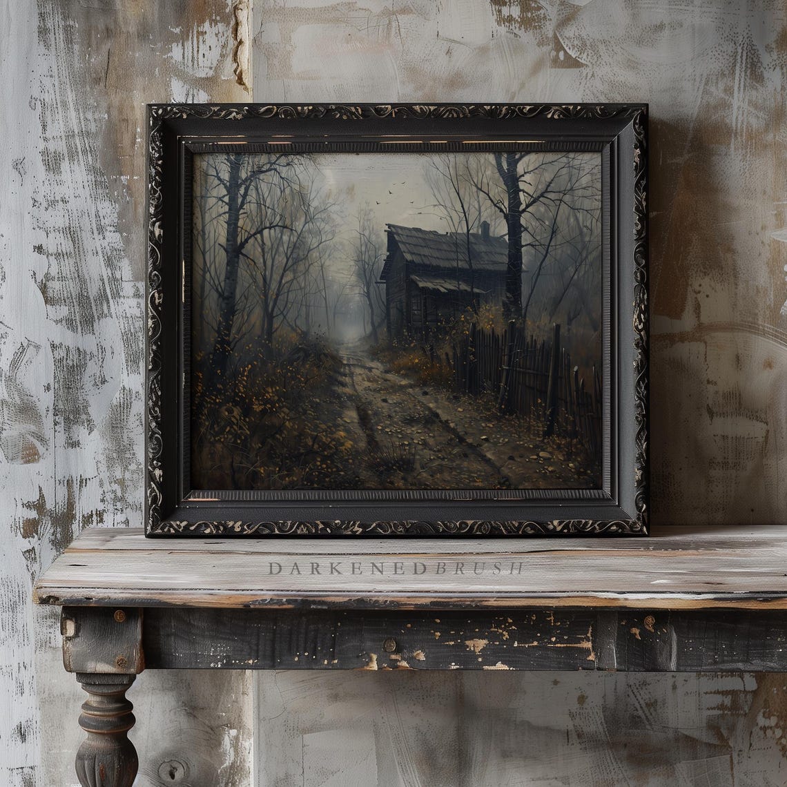 Haunted House Autumn Landscape Printable Wall Art, Foggy Dark Forest ...