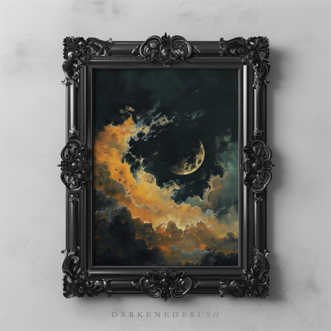Celestial Moon and Stars Wall Decor, Dark Crescent Moon Print, Lunar ...