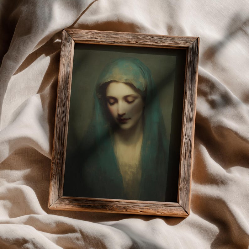Mother Mary Portrait in Blue Veil, Christian Wall Art, Religious ...