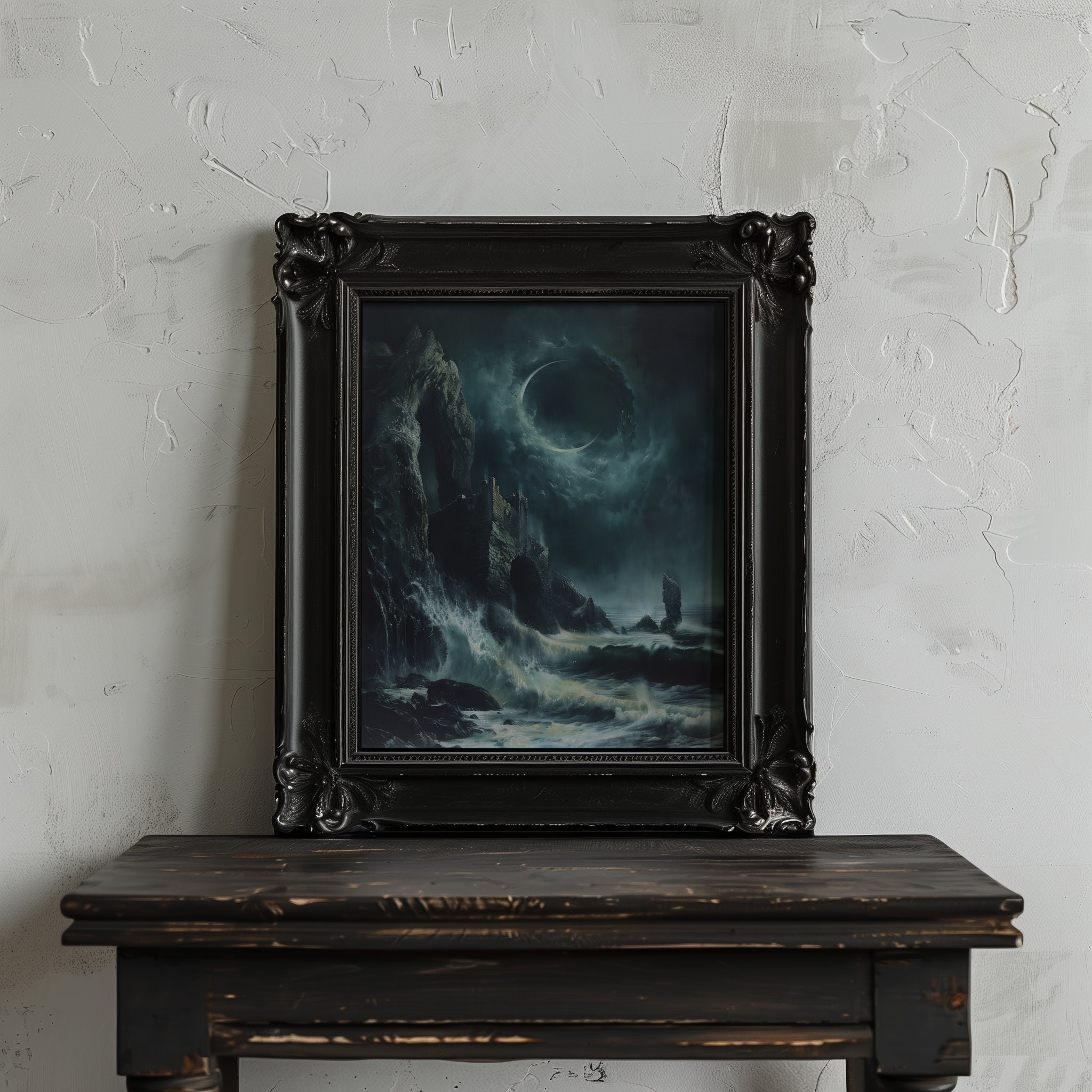 Crescent Moon Dark Sea Art Painting, Coastal Wall Décor, Ocean ...