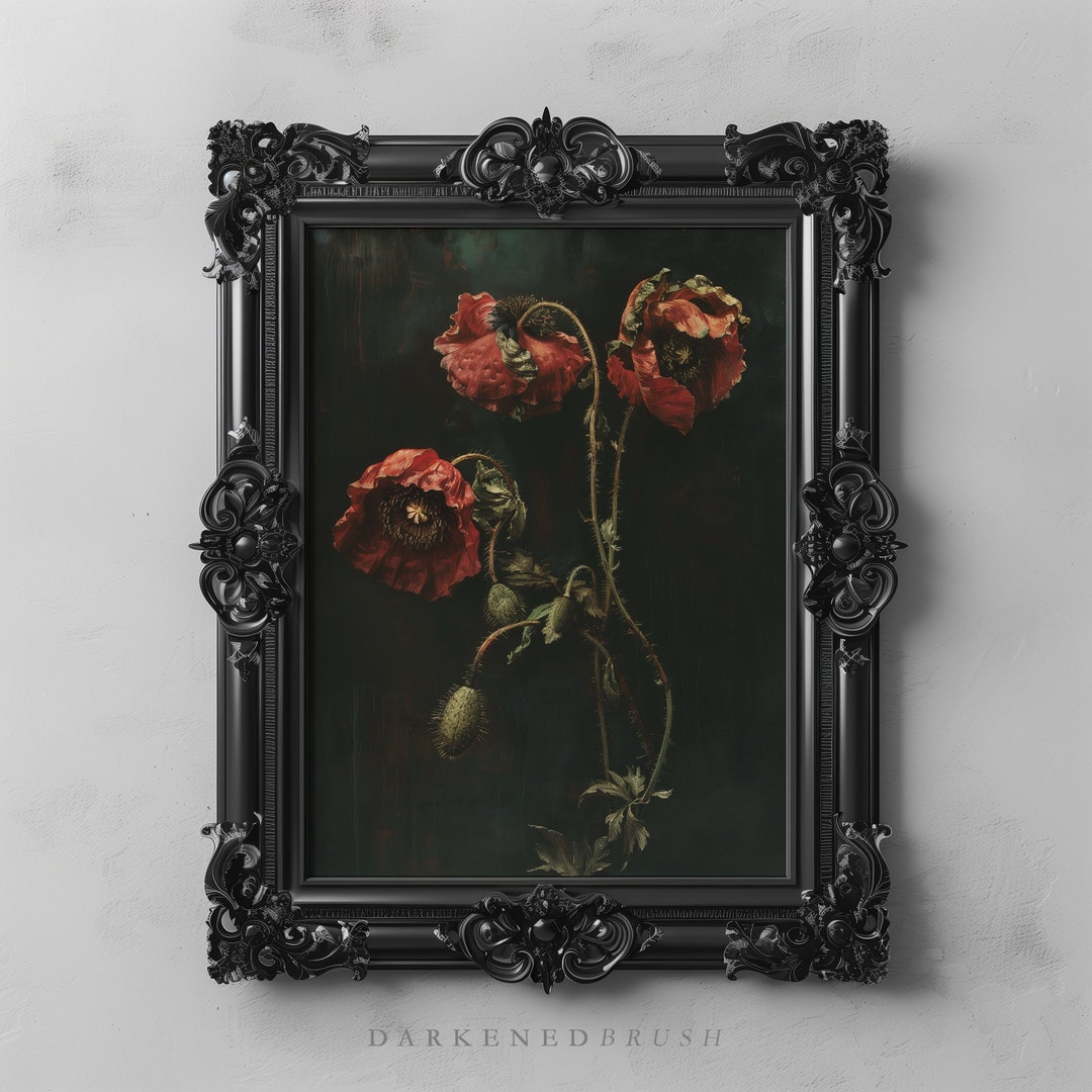 Dark Floral Red Poppy Art, Moody Botanical Antique Flower Oil Painting ...