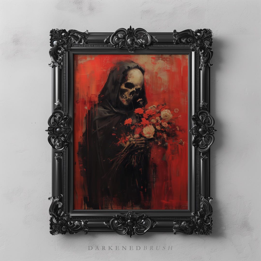 Grim Reaper With Flowers, Dark Botanical Art Print Gothic Floral Decor ...