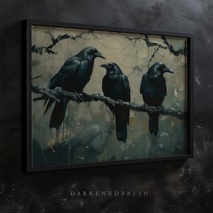 Crows Gothic Birds on Branch Art Painting, Raven Wall Art, Dark ...