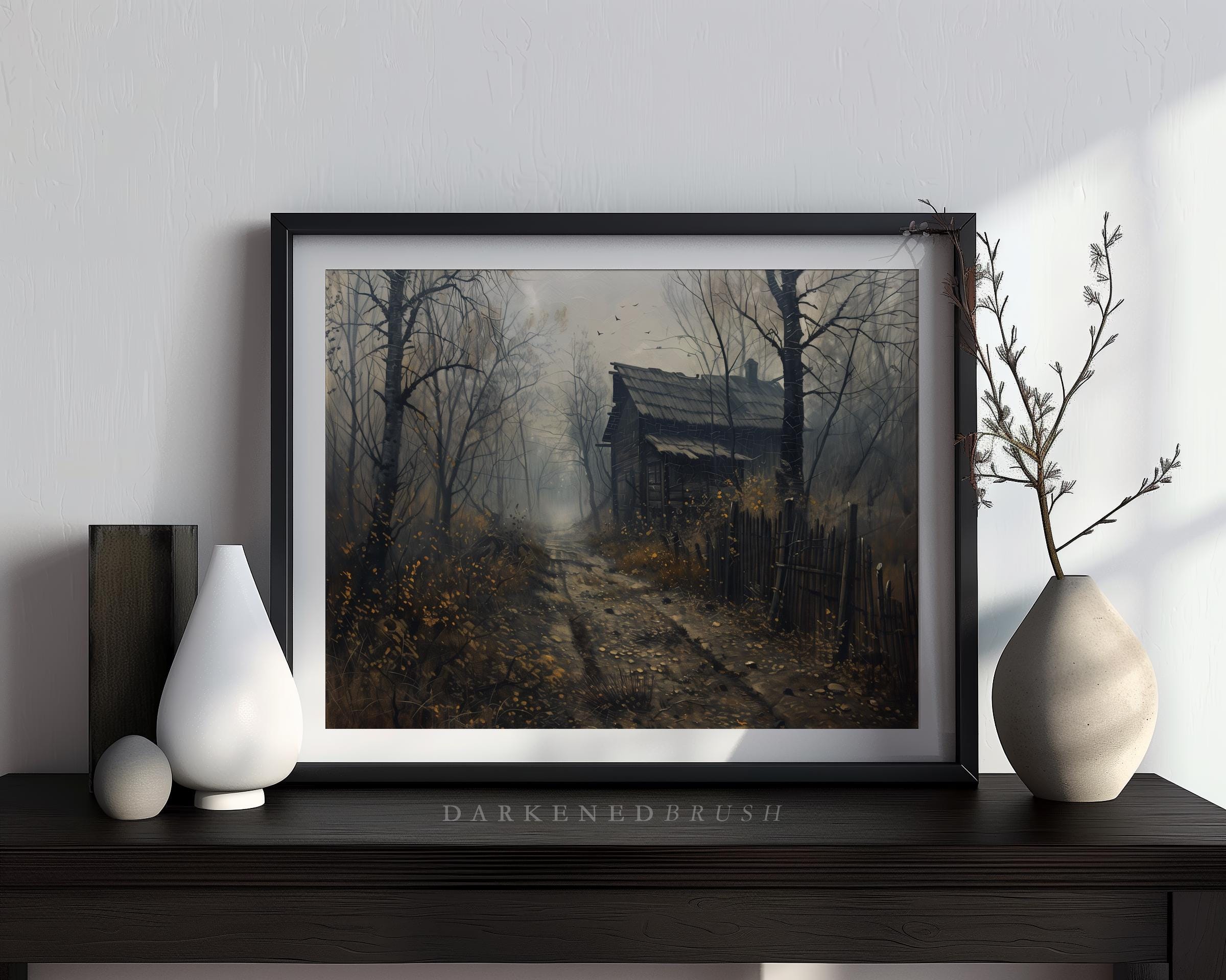 Haunted House Autumn Landscape Printable Wall Art, Foggy Dark Forest ...