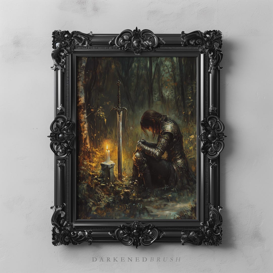 Kneeling Medieval Knight With Sword and Candle Gothic Magical Fantasy ...