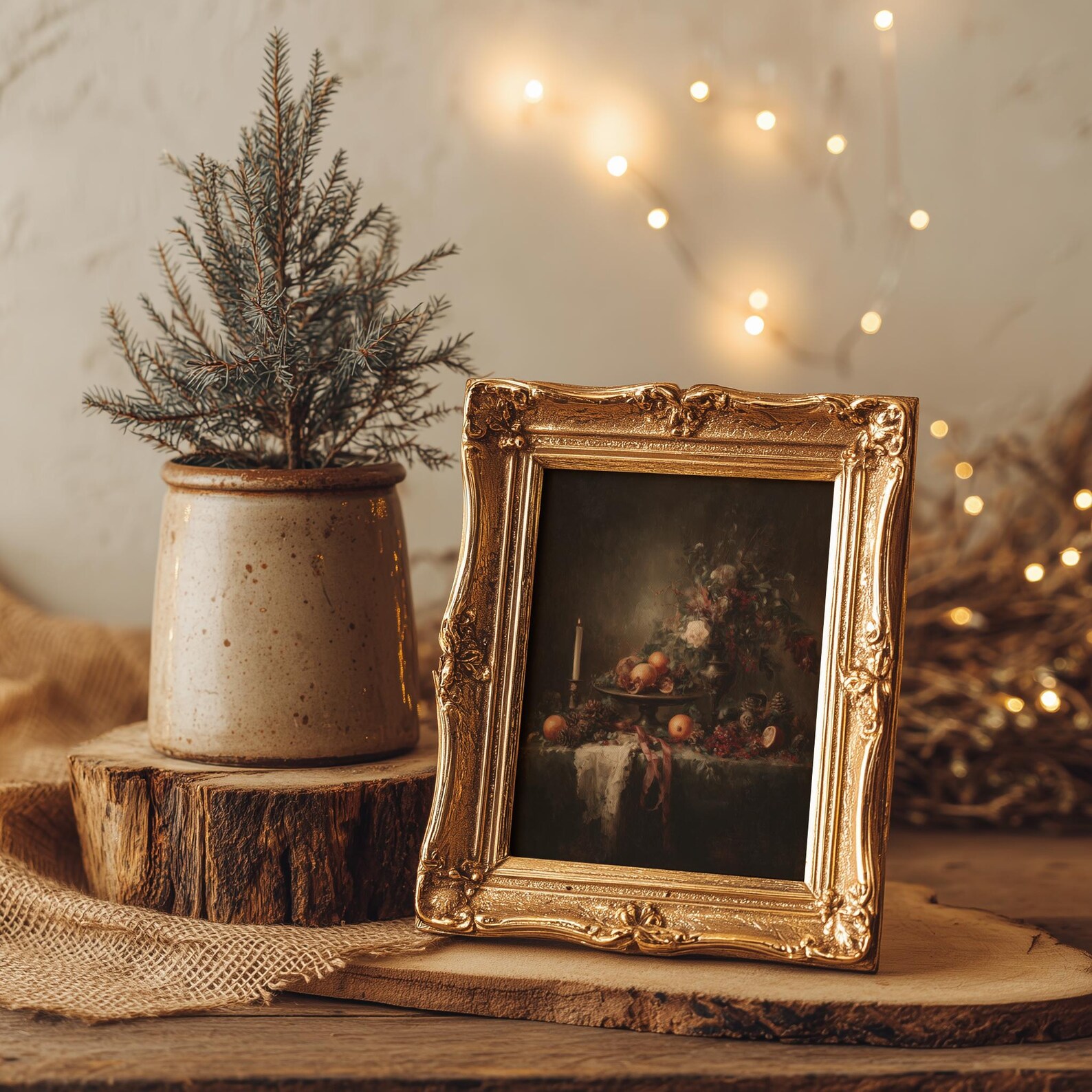 Victorian Holiday Still Life With Pine Cones, Fruit and Candle, Gothic ...