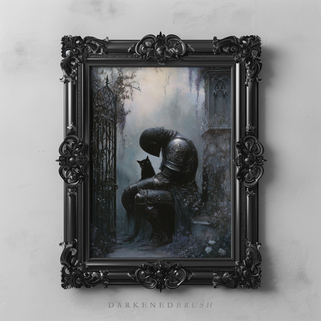 Gothic Knight Art Print With Black Cat Dark Academia Wall Art ...