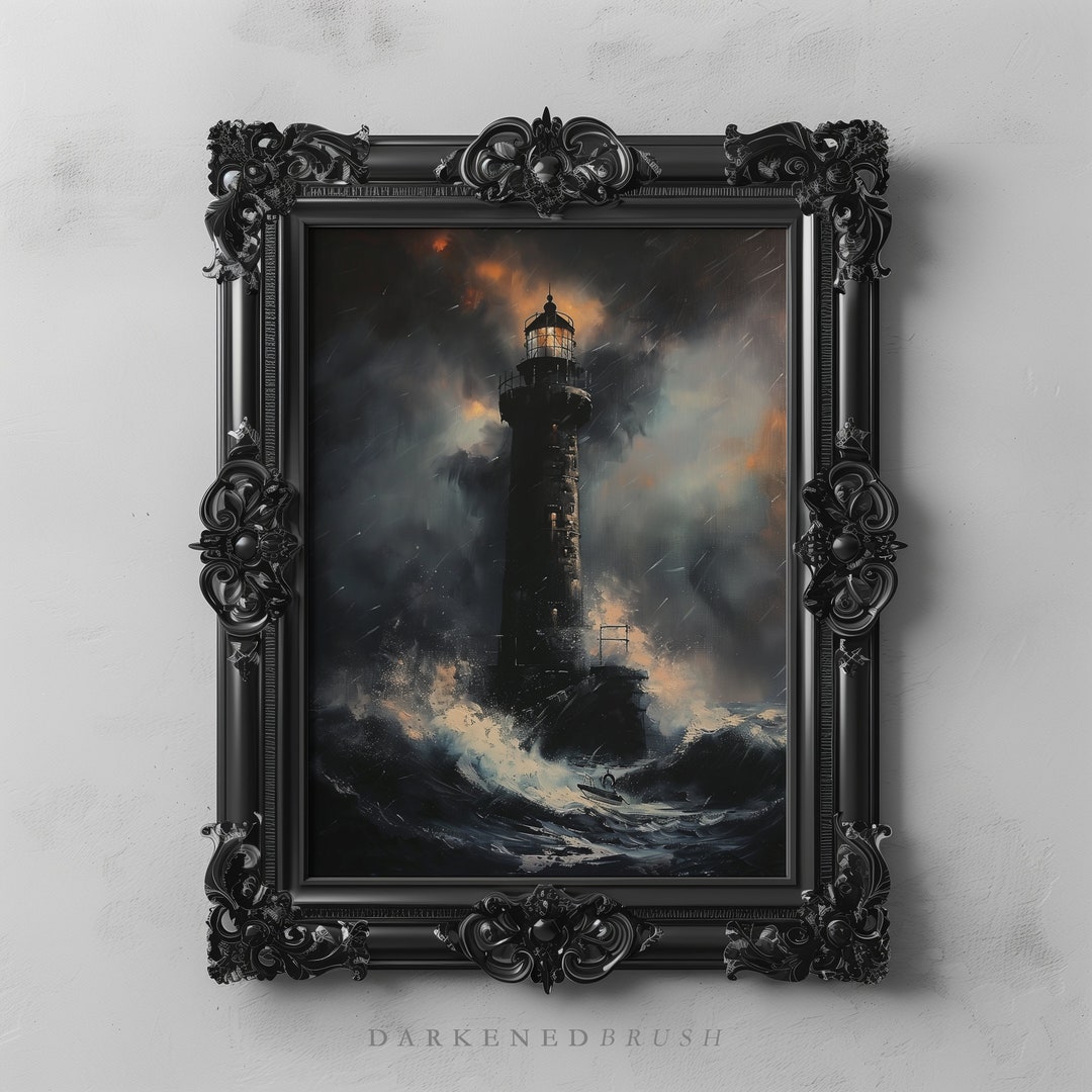 Lighthouse Moody Seascape Painting Printable, Ocean & Coastal Aesthetic ...