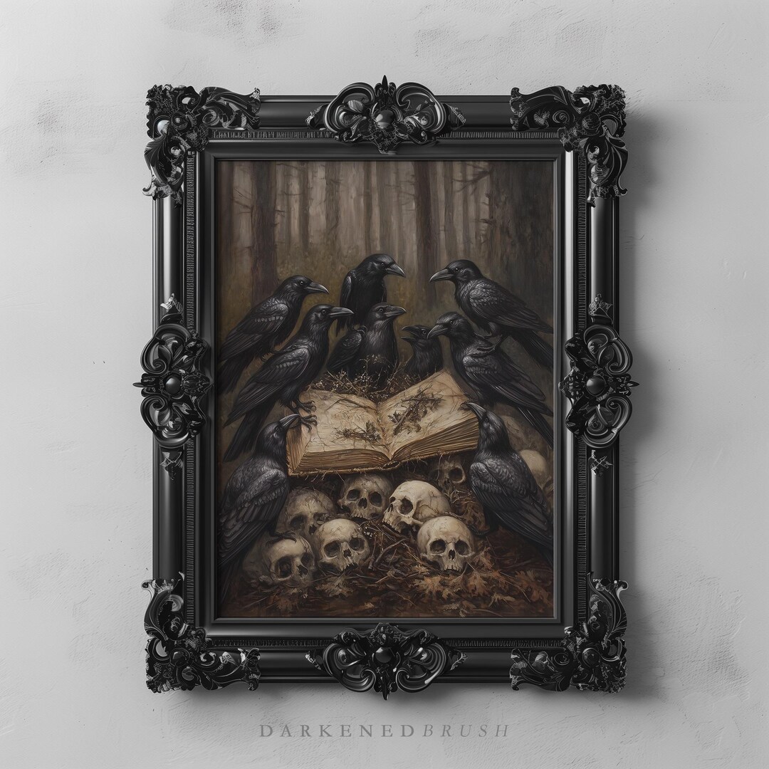 Dark Raven Art With Open Vintage Book and Skulls, Gothic Nature ...