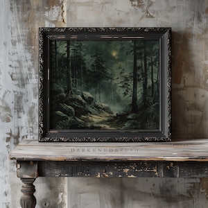 Moonlit Dark Forest Painting, Moody Landscape Wall Art, Dark ...